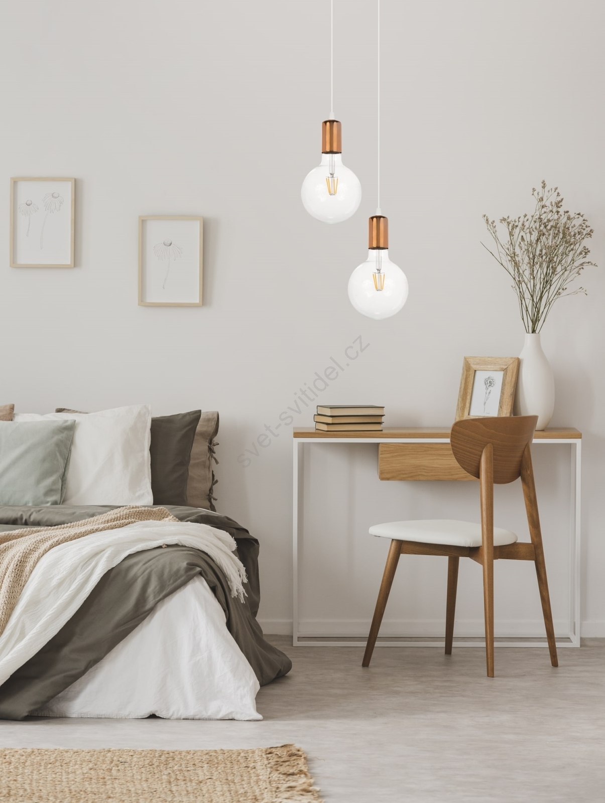 Lustr na lanku MIROS 2xE27/60W/230V kulatý bílá/měděná | Svět svítidel